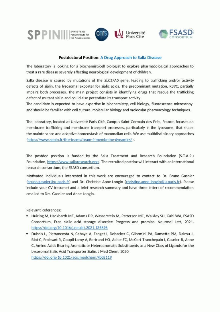 Open Postdoctoral Position: A Drug Approach to Salla Disease | SPPIN - CNRS UMR 8003SPPIN – CNRS ...